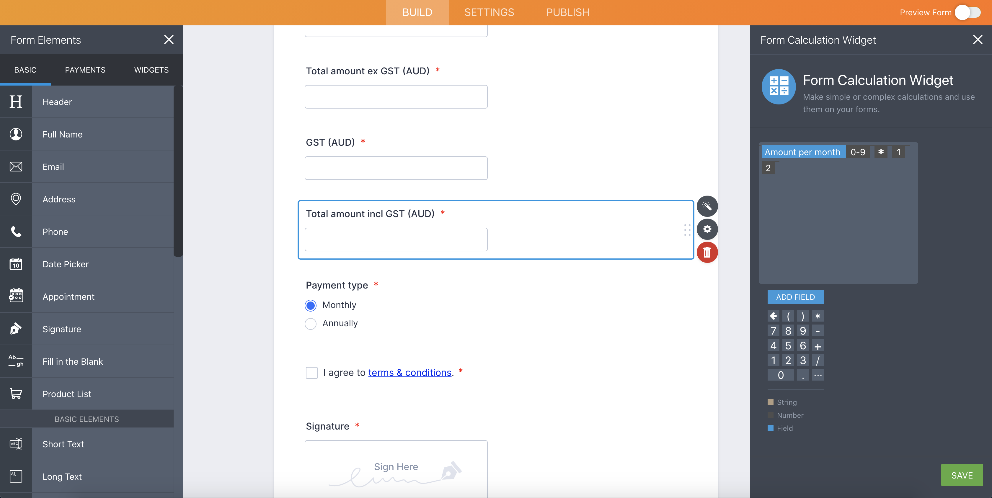 How can I change the 'Form Calculation Widget' field to Read -only?